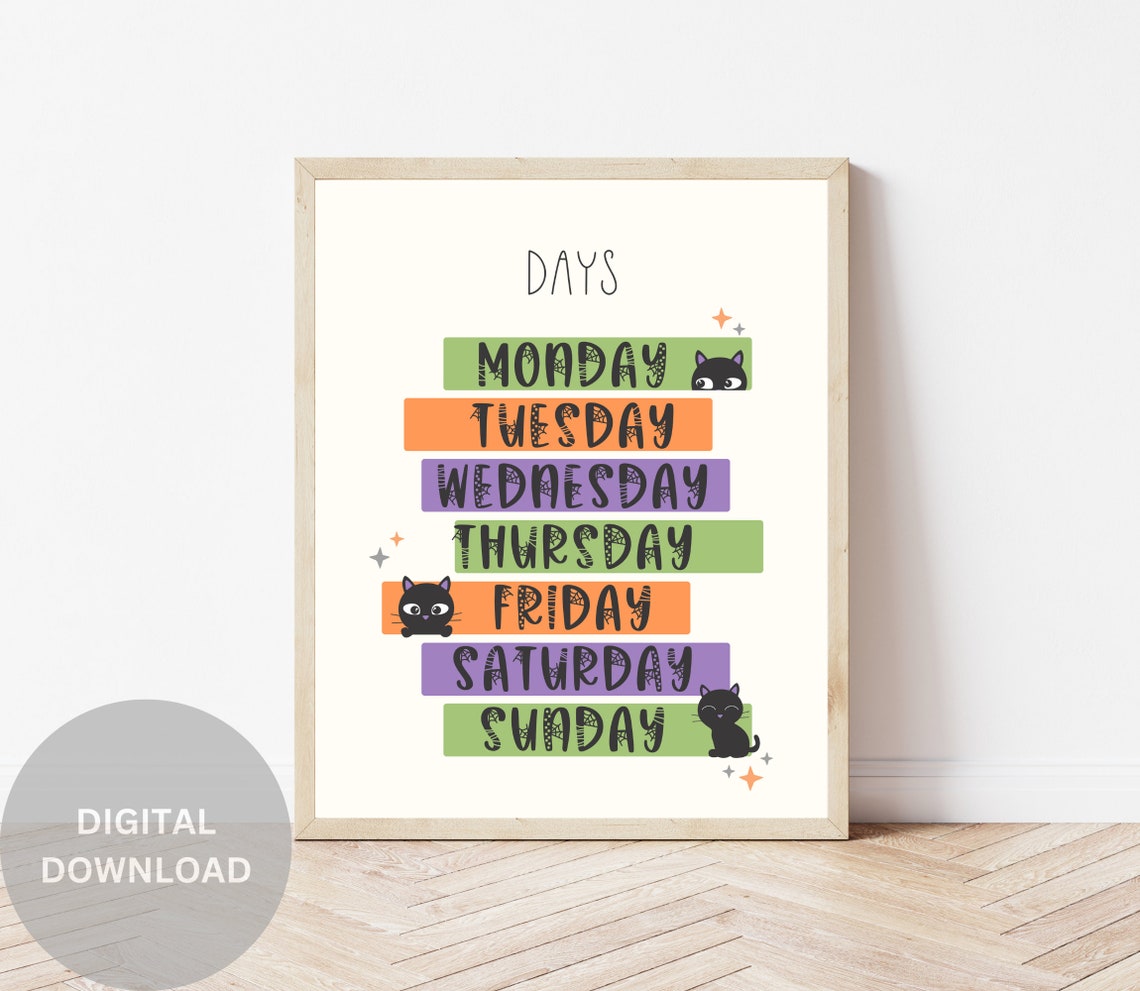 Days of the Week Chart, Educational Poster, Halloween Theme, Homeschool ...