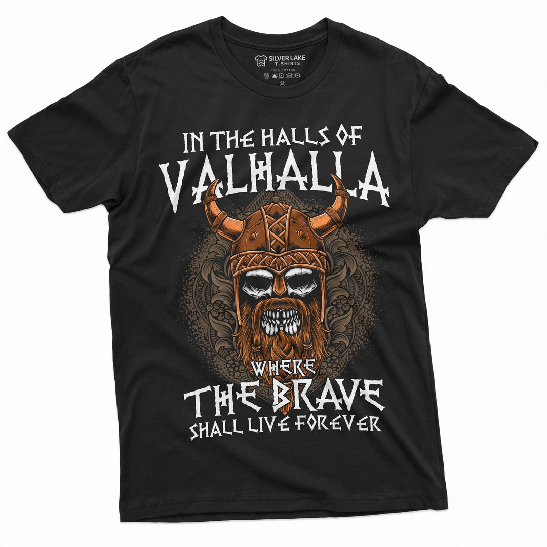 Men's Halls of Valhalla Viking T-shirt Skull Helmet Norse Mythology ...