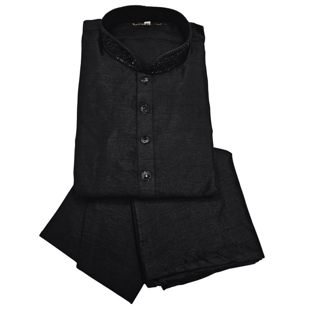 Black Mens Kurta Pajama Raw Silk Shalwar Kameez Indian Pakistani ...