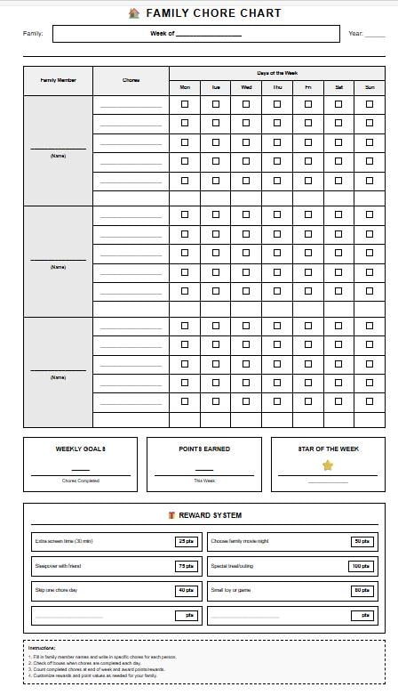 Editable Printable Chore Chart for Kids | Family Chore Chart Template ...