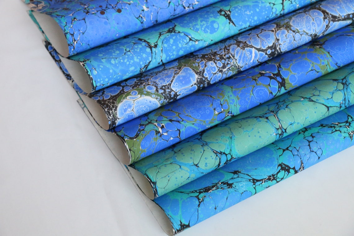 Hand Marbled Paper, Marbling Art Ebru Paper, 3pcs Blue Pattern ...