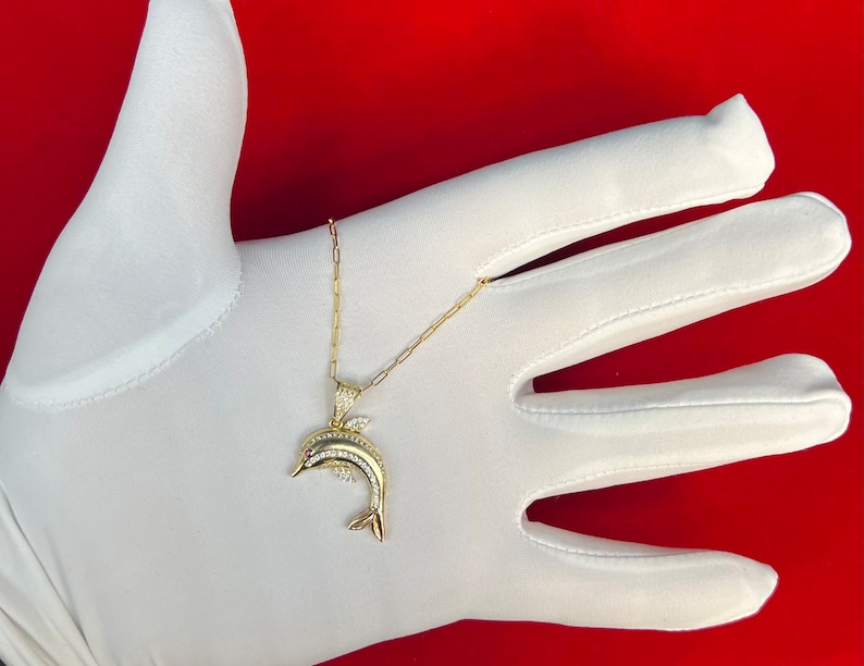 14k Real Gold Dolphin Pendants Necklace, With 14k Solid Gold 1.5mm ...