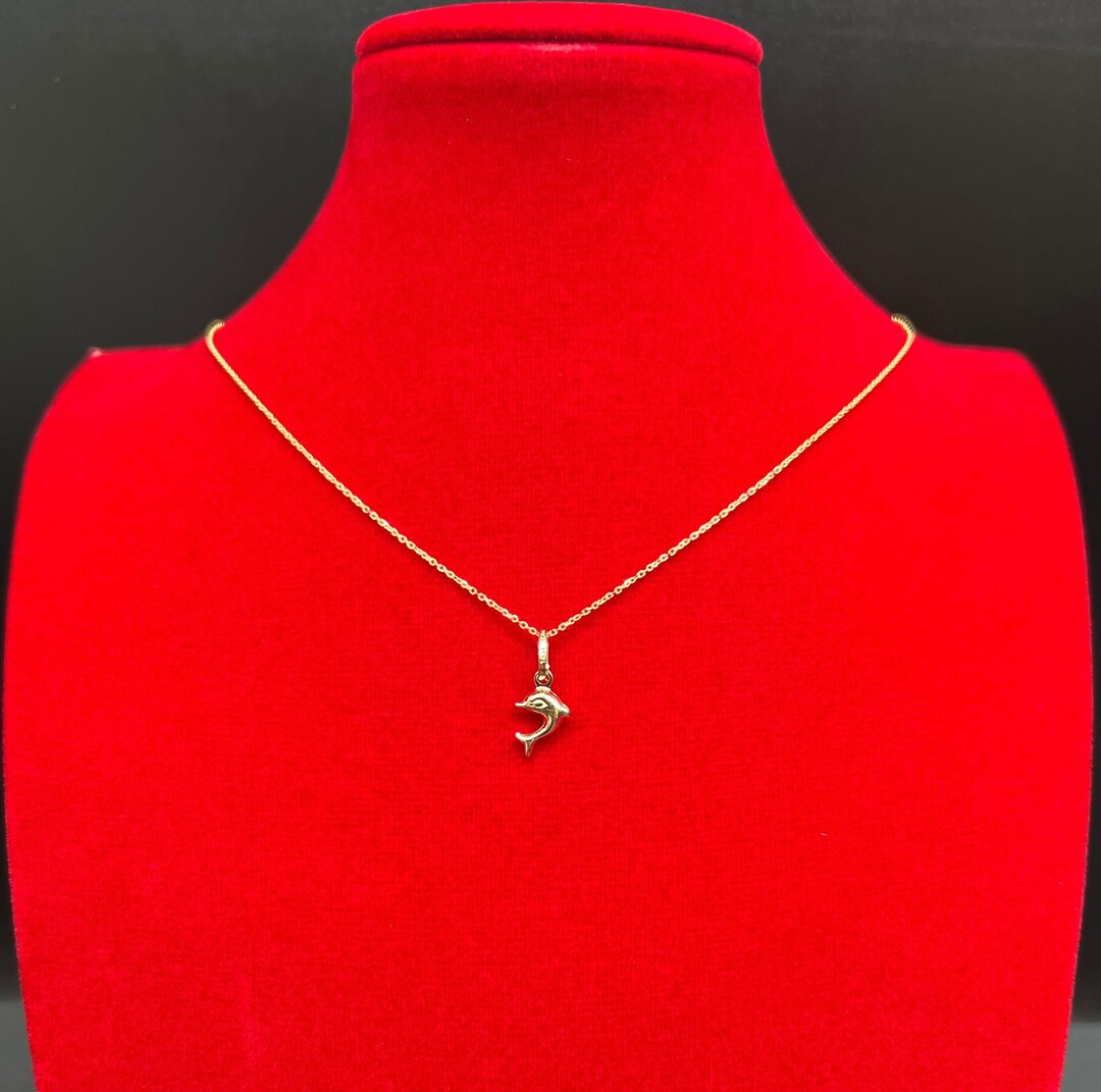 14k Real Gold Dolphin Pendant Necklace, With 14k Solid Gold 1mm Cable ...