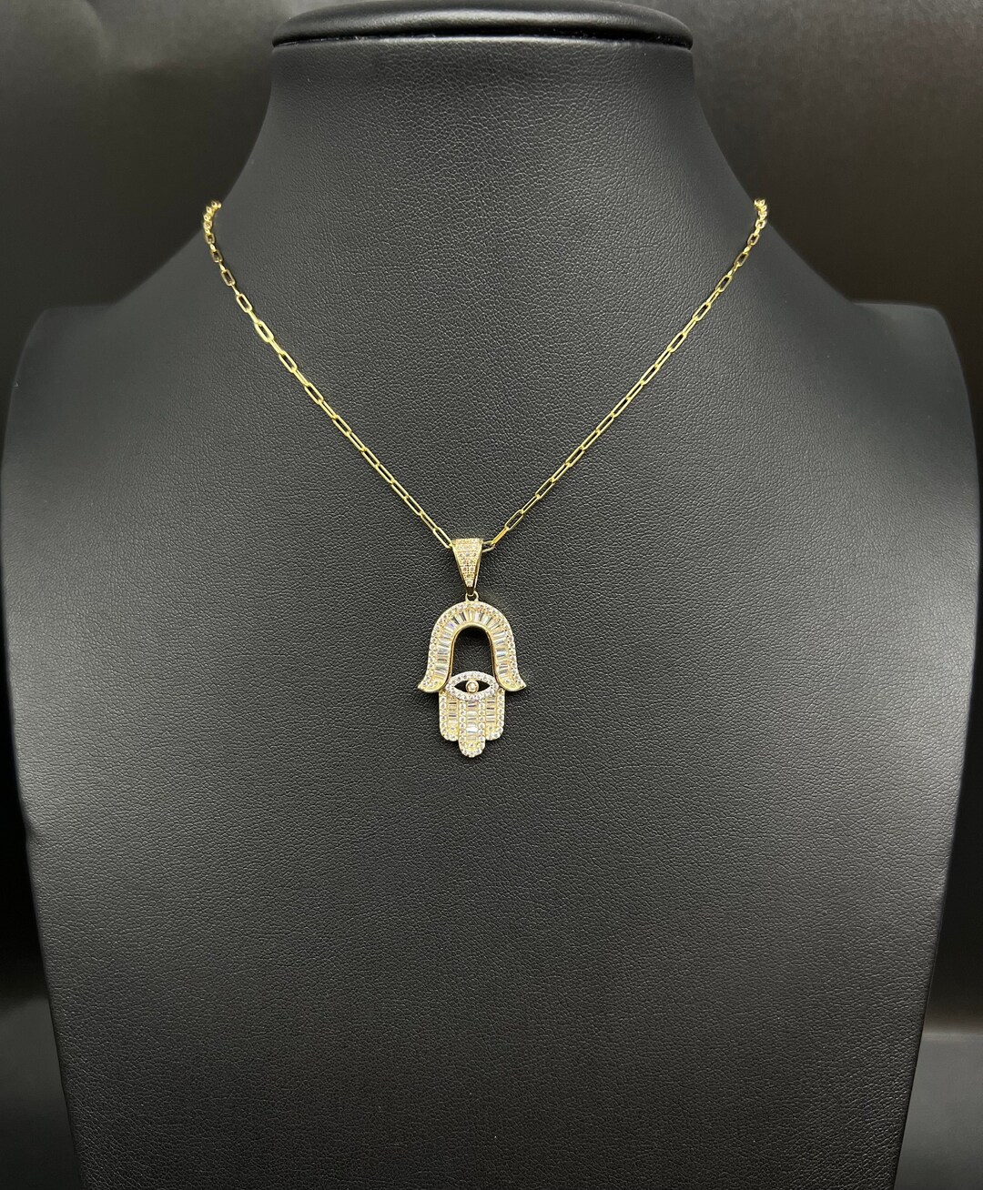 14k Real Gold Hamsa Hand Pendants Necklace, With 14k Solid Gold 1.5mm ...