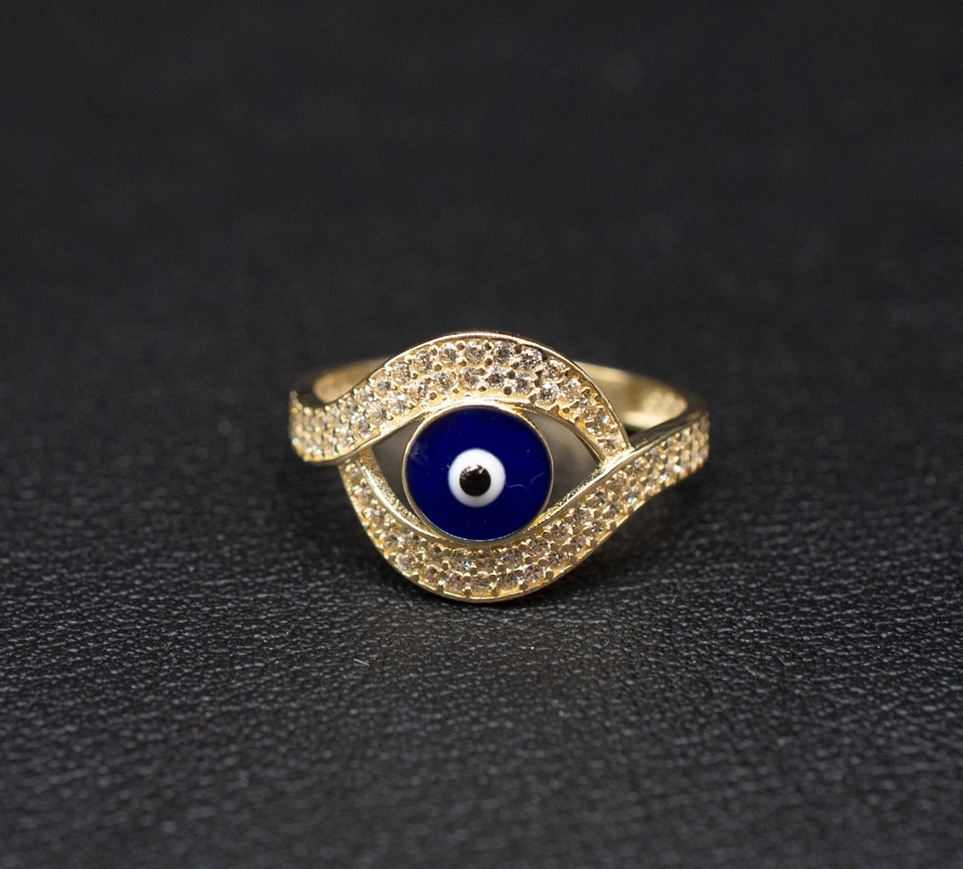 14k Real Solid Yellow Gold Evil Eye Ring, 14k Solid Gold Women Dainty Ring, Evil Eye Gold Ring ...