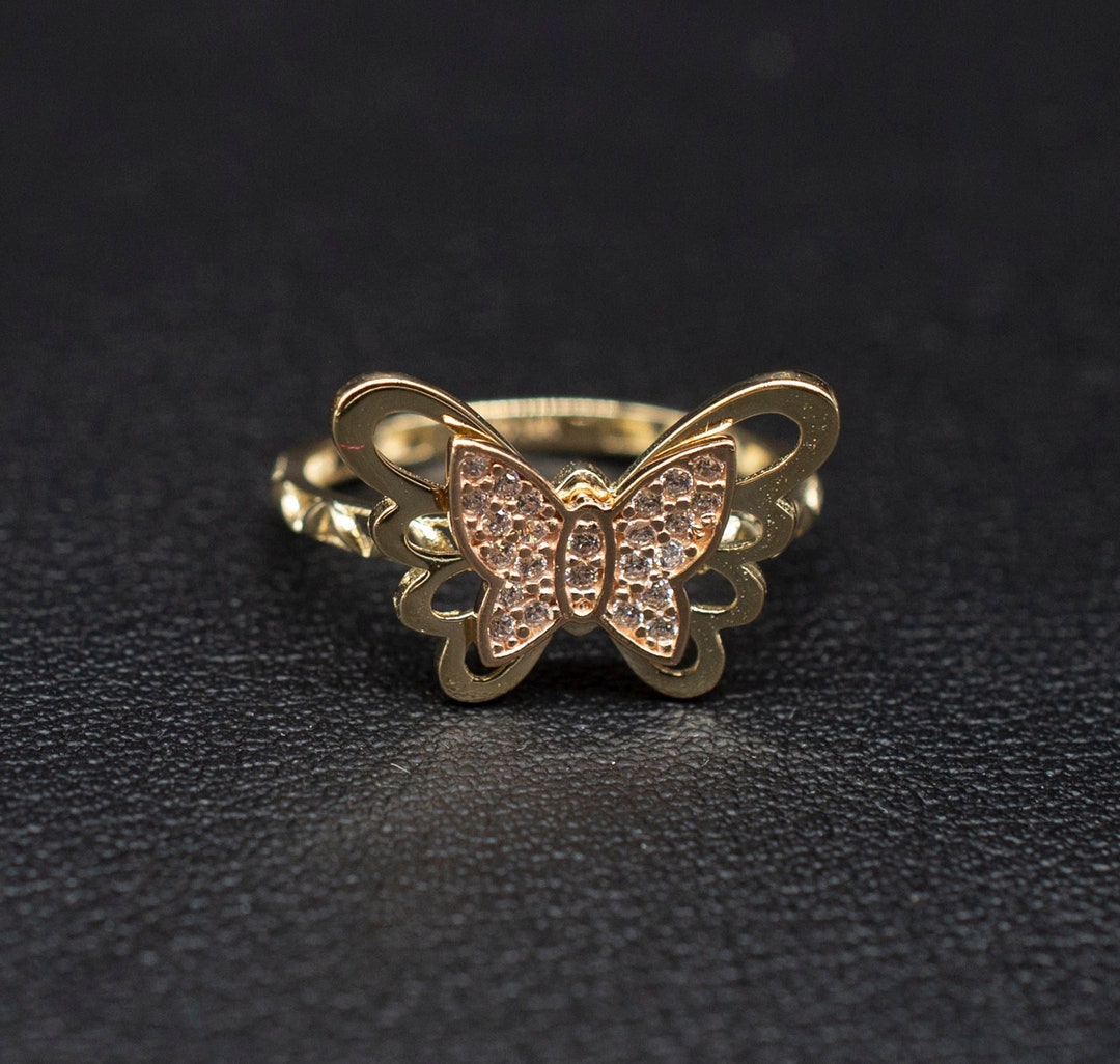 14k Real Solid Yellow Gold Butterfly Ring, 14k Solid Gold Women Dainty ...