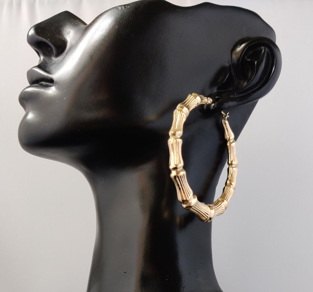 10k Real Solid Yellow Gold Round Bamboo Hoop Earrings,high Quality Real ...