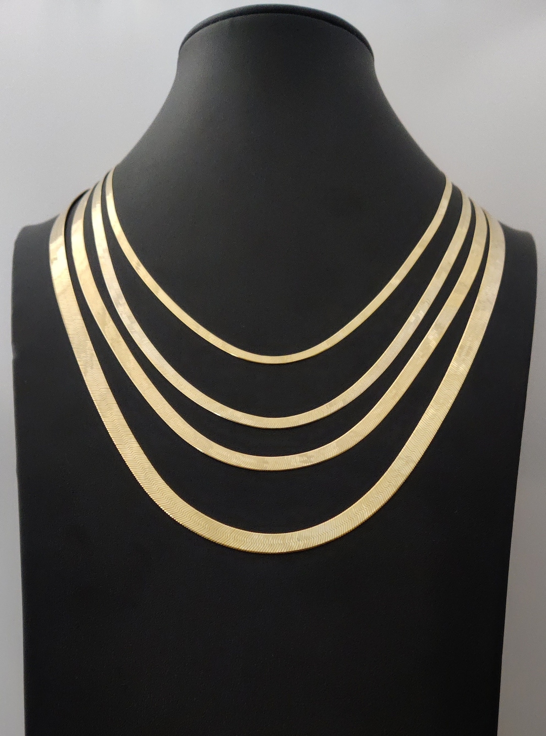10k Solid Gold Herringbone Chain Necklace, Ladies Flat Chain Necklace ...
