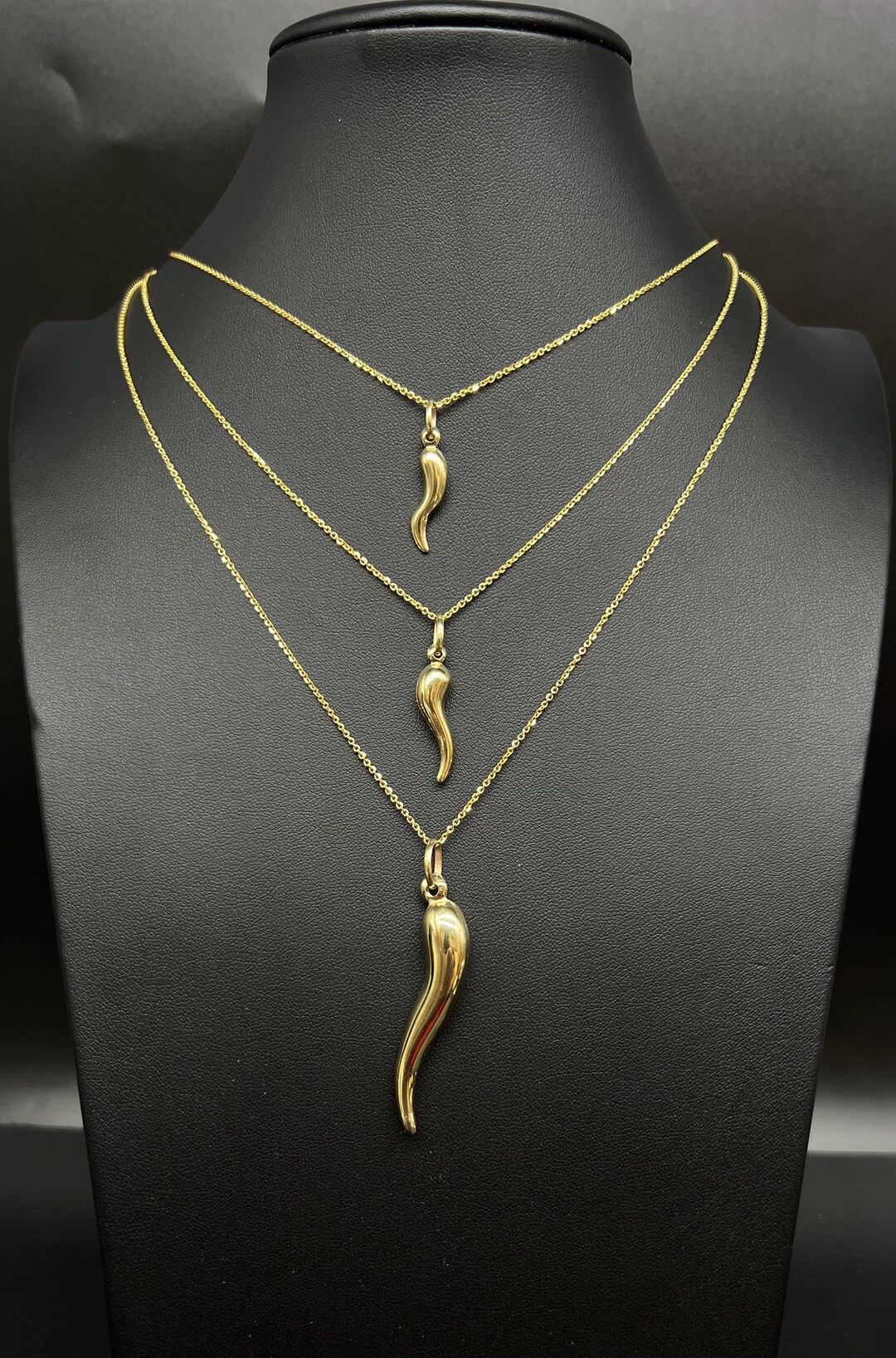10k Real Gold Cornicello Italian Horn Pendant Protection Necklace With ...