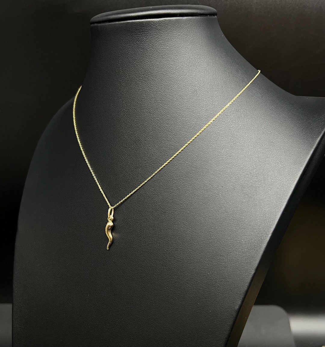 14k Real Gold Italian Horn Pendant Necklace, With 14k Solid Gold 1mm ...