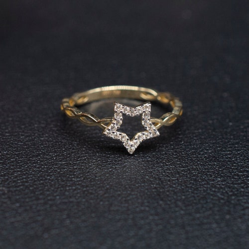 14k Real Solid Yellow Gold Double Star Ring 14k Solid Gold - Etsy