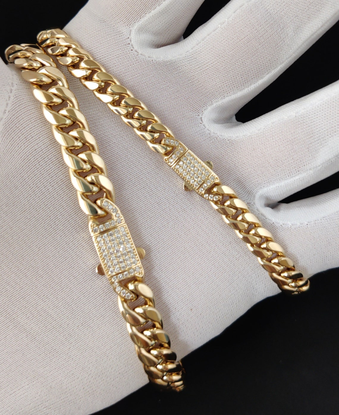 14k Real Gold Miami Cuban Link Chain With Zirconia Box Lock - Etsy