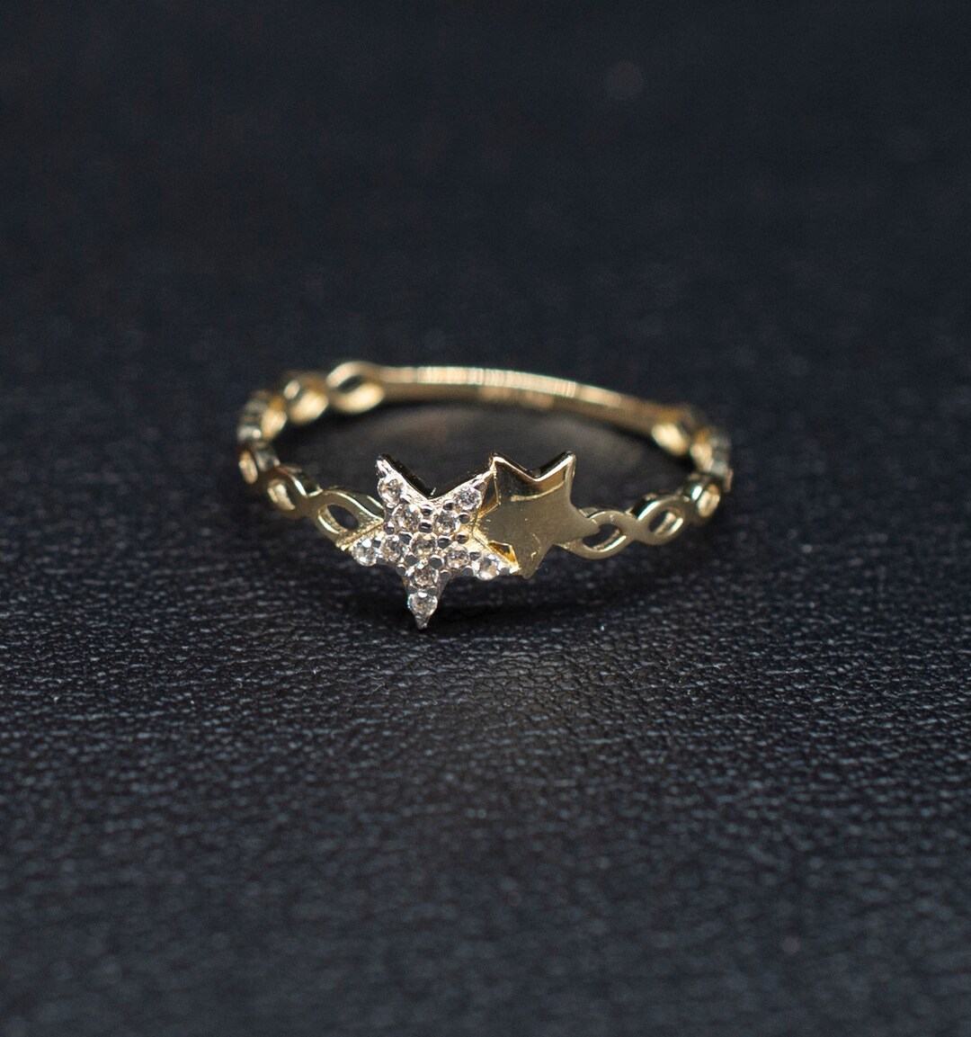14k Real Solid Yellow Gold Double Star Ring, 14k Solid Gold Women ...