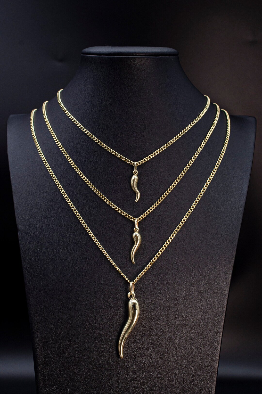 10k Real Gold Cornicello Italian Horn Pendant Protection Necklace With ...
