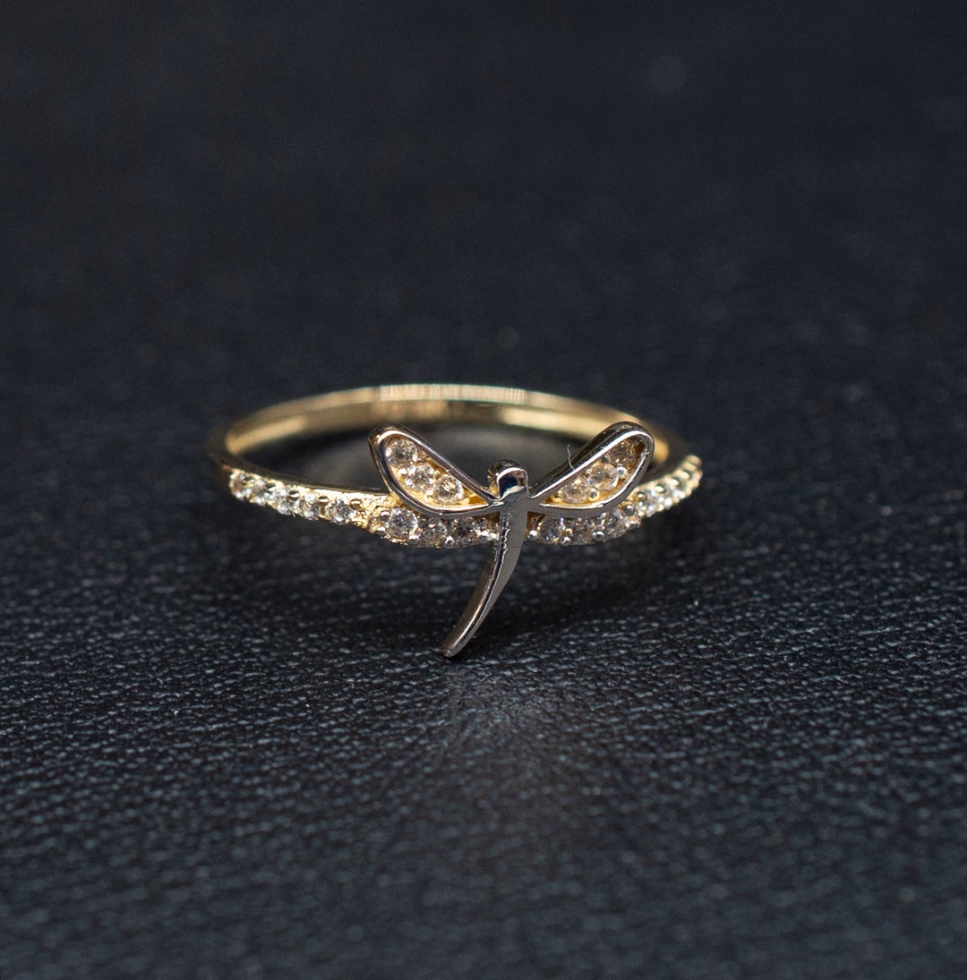 14k Real Solid Yellow Gold Dragonfly Ring, 14k Solid Gold Women Dainty ...