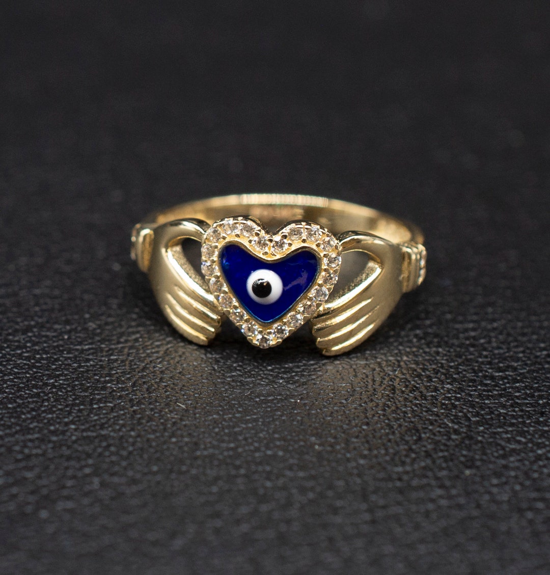 14k Real Solid Yellow Gold Evil Eye Ring, 14k Solid Gold Women Dainty ...