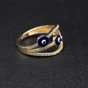 14k Real Solid Yellow Gold Triple Evil Eye Ring, 14k Solid Gold Women Dainty Ring, Evil Eye Gold ...