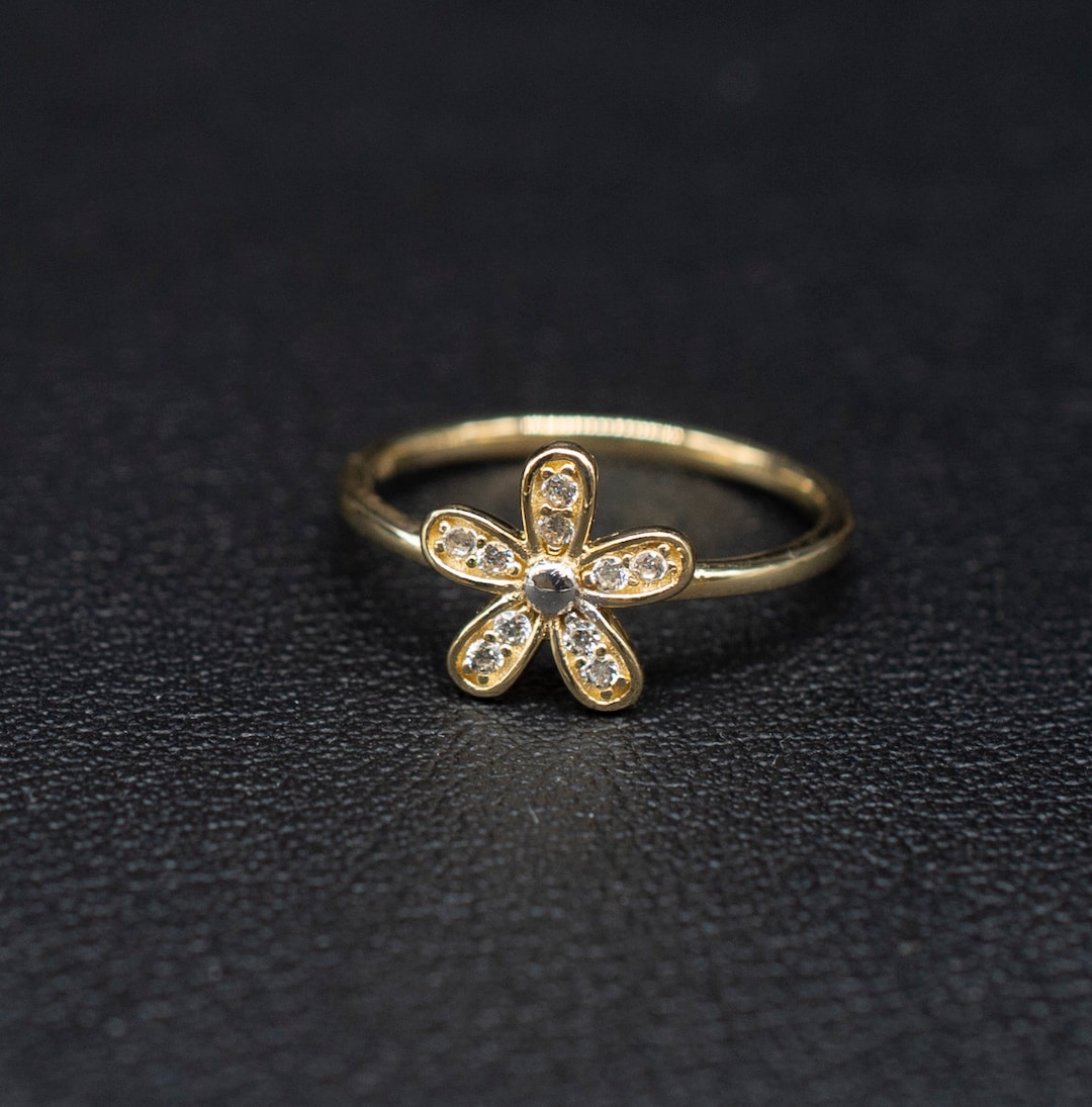 14k Real Solid Yellow Gold Flower Ring, 14k Solid Gold Women Dainty ...