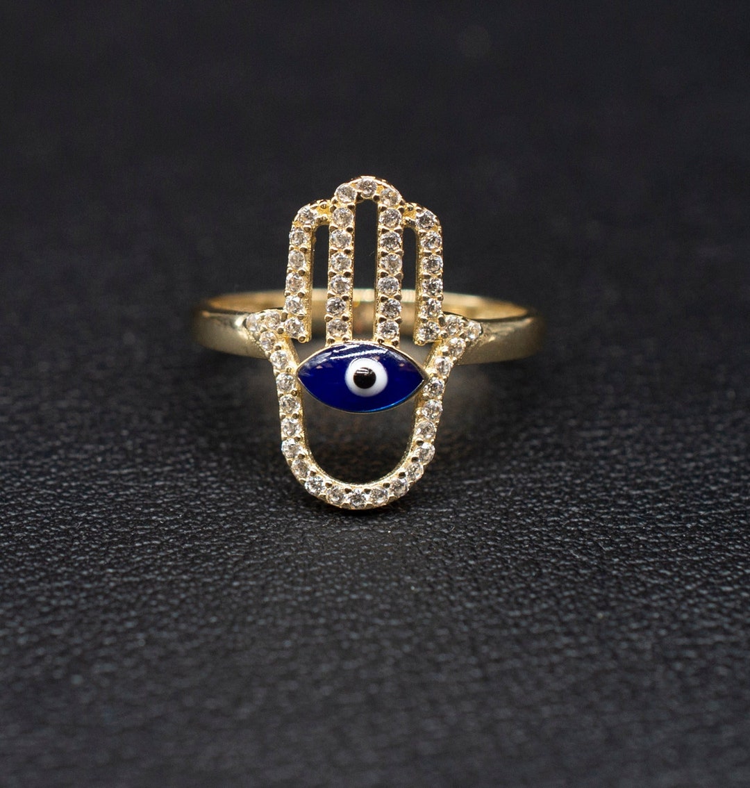 14k Real Solid Yellow Gold Hamsa Hand Evil Eye Ring, 14k Solid Gold ...