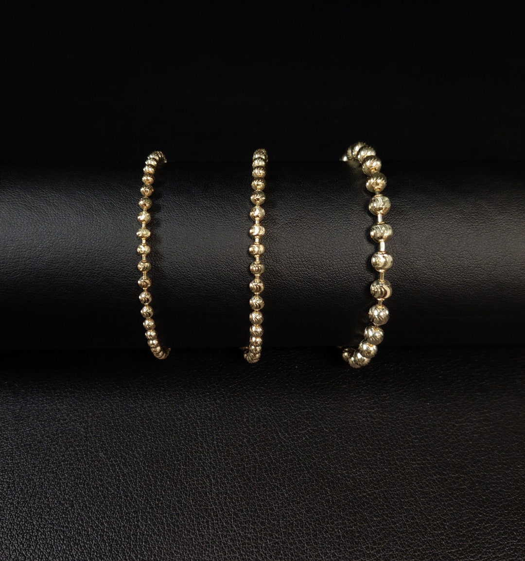 SOLID 10K Real Gold Half Moon Diamond Cut Bead Ball Chain Bracelet ,2mm ...