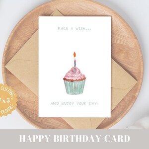 Cupcake Birthday Card 5x7in | Make a Wish Cupcake Birthday Card for Her ...