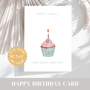 Cupcake Birthday Card 5x7in | Make a Wish Cupcake Birthday Card for Her ...