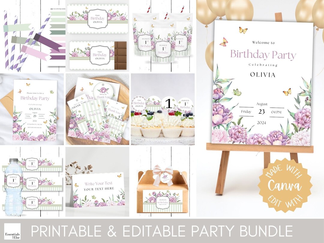 Green-pink Flower Editable Birthday Bundle | Girls Birthday Any Age ...