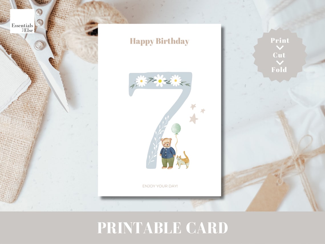 Printable 7th Birthday Card Happy Birthday Card Birthday Card for Girl ...