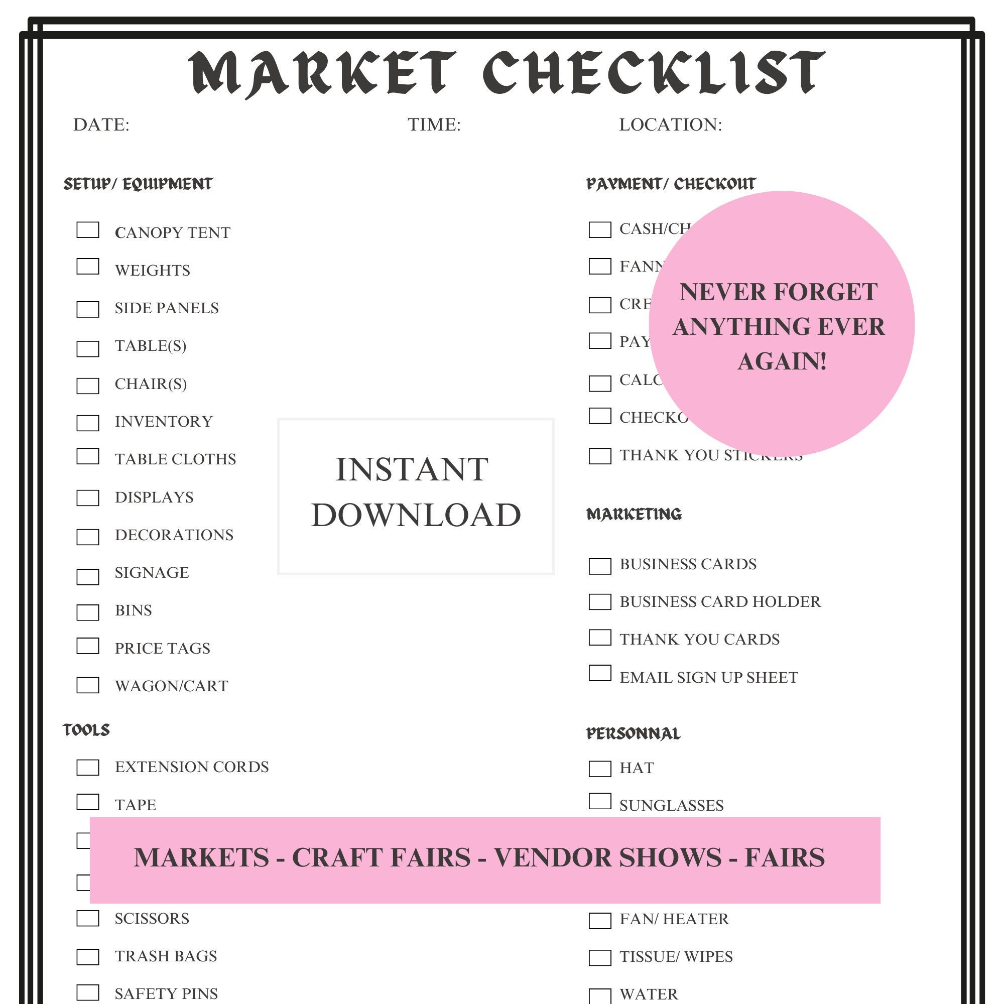 Market Checklist, Popup Shop Checklist, Vendor Checklist, Vendor Booth ...