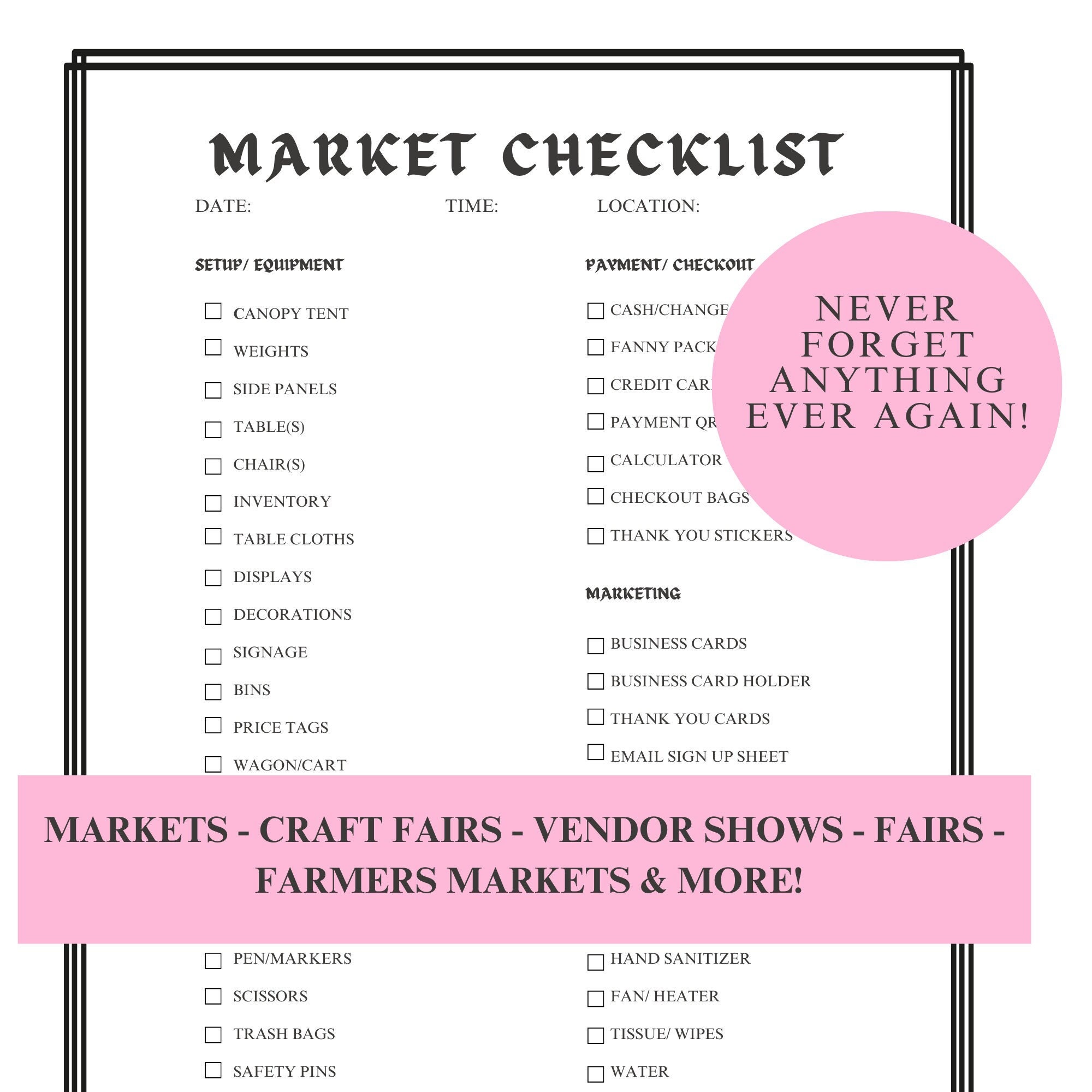 Market Checklist, Popup Shop Checklist, Vendor Checklist, Vendor Booth ...