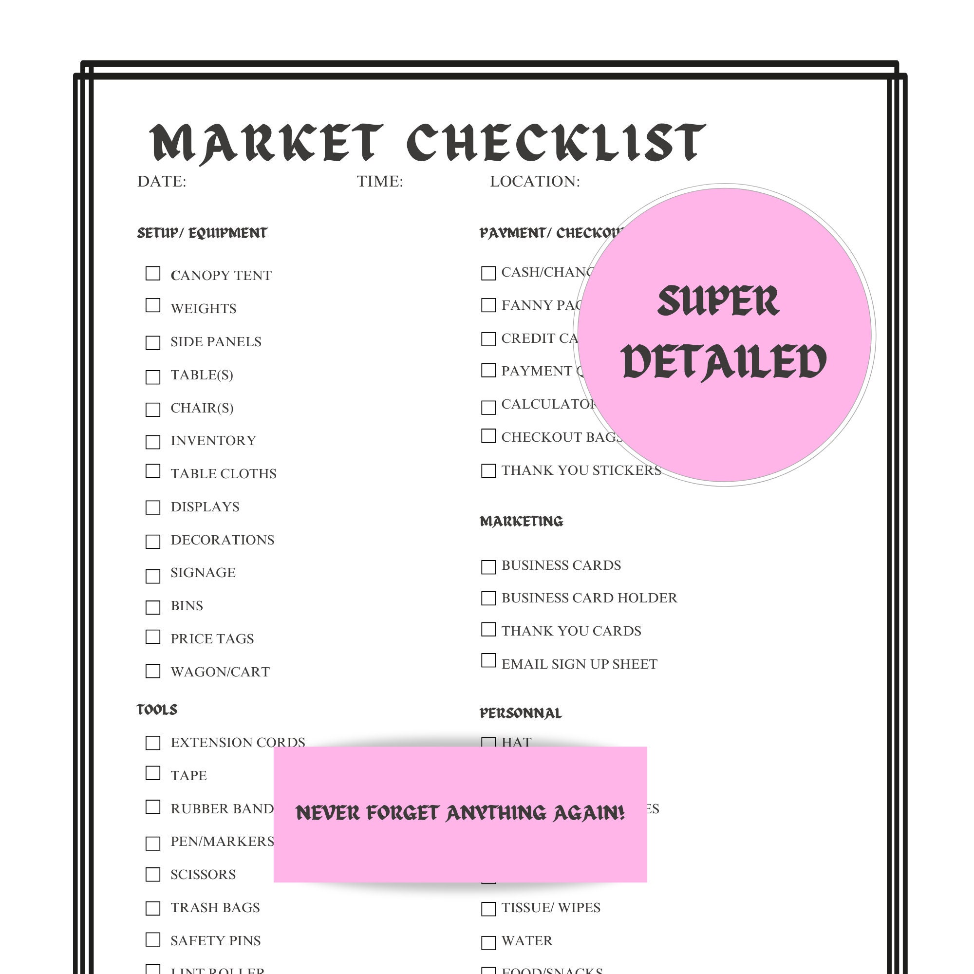 Market Checklist, Popup Shop Checklist, Vendor Checklist, Vendor Booth ...