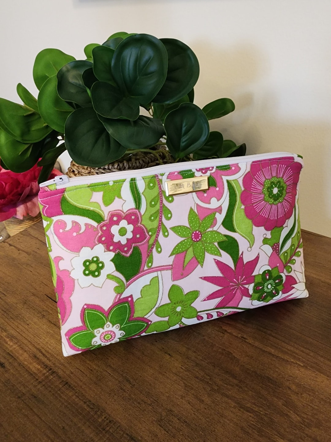 Pink & Green Floral Reusable Cosmetic Bag, Zipper Pouch, Makeup Bag ...