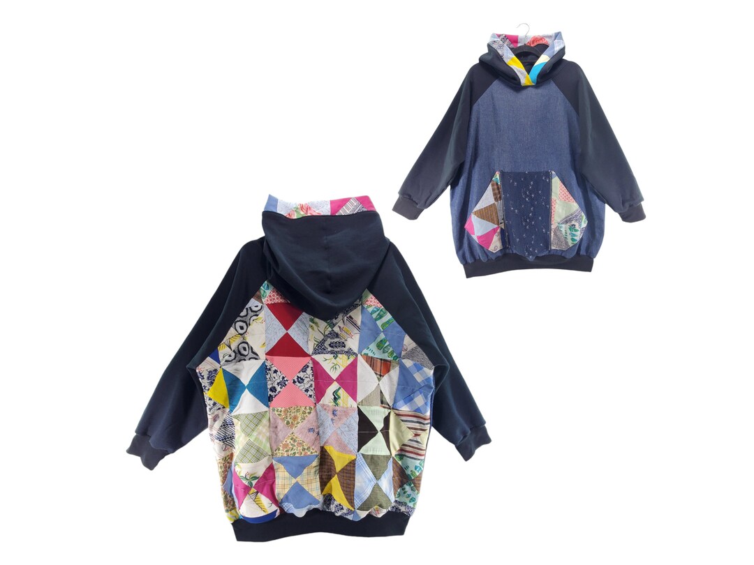 L-2X Vintage Quilt Hoodie Oversized Long Soft Hooded Sweatshirt Denim ...