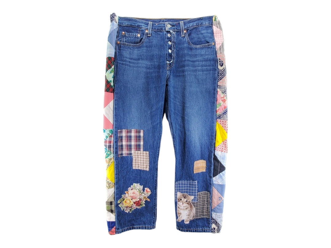 36-40 Waist Upcycled Patchwork Jeans Vintage Quilt Blocks Applique ...