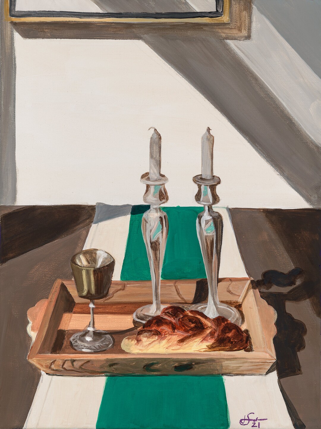 Original Painting on Canvas Featuring a Shabbat Challah, Candlesticks ...