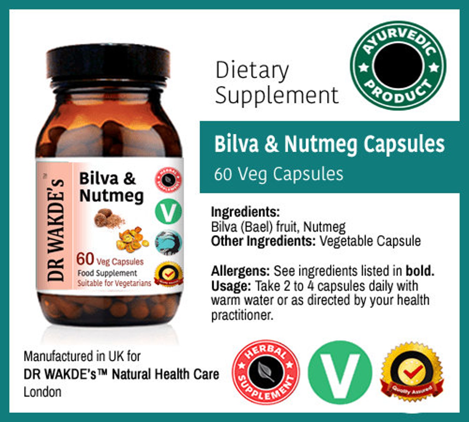 DR WAKDE'S Bilva & Nutmeg Capsules | 60 Veg Caps | Naturally Calming ...