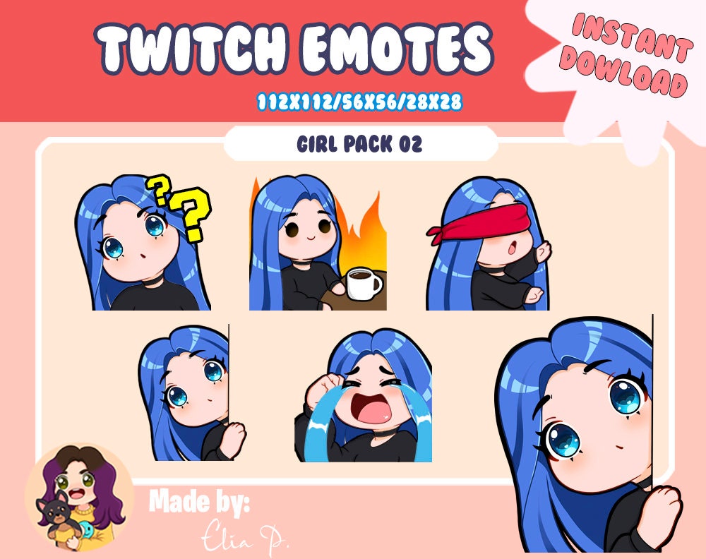 Girl Blue Hair and Blue Eyes Twitch Emotes / Youtube / Badge / Emote ...