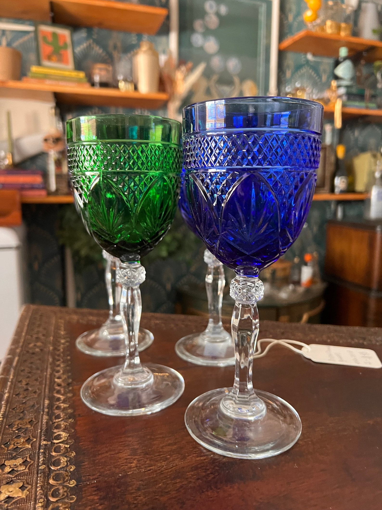 Vintage Colored Wine Glasses In Cut Glass Blue And Green Glassware Etsy
