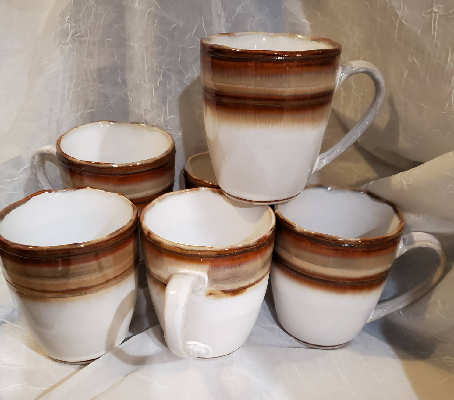 6 Sango Wave Ceramic Mugs in a Rich Cream and Brown Glaze. I Have 2 ...