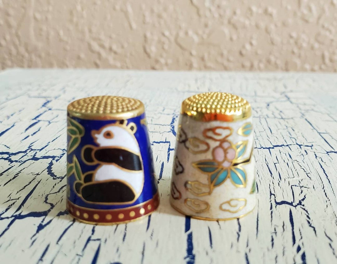 Pair of Cloisonne Thimbles, 2 Porcelain Ones and 1 Metal With Hand ...