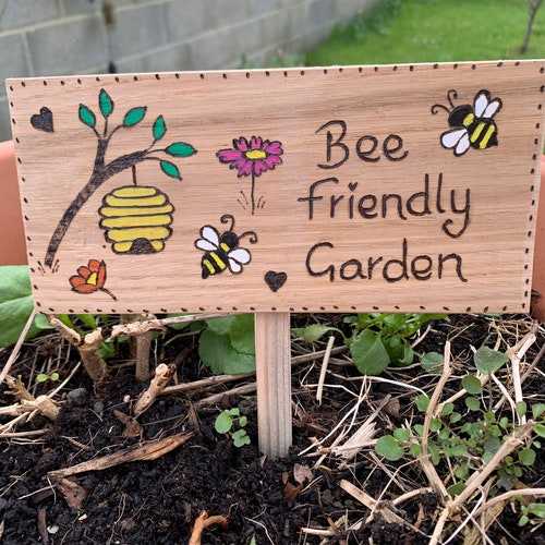 Bee Solid Wood Hand Drawn Garden Sign Solid Oak - Etsy