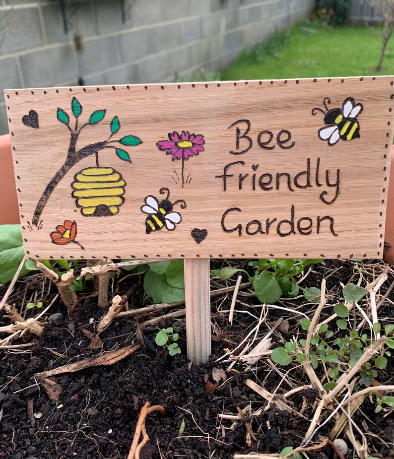 Bee Solid Wood Hand Drawn Garden Sign Solid Oak - Etsy