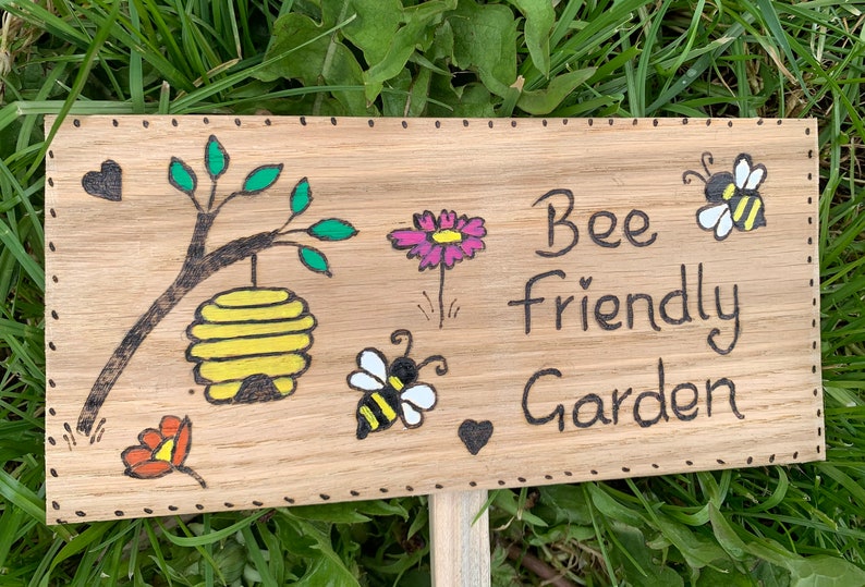 Bee Solid Wood Hand Drawn Garden Sign Solid Oak - Etsy
