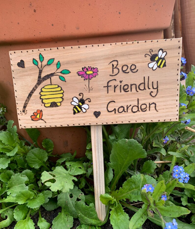 Bee Solid Wood Hand Drawn Garden Sign Solid Oak - Etsy