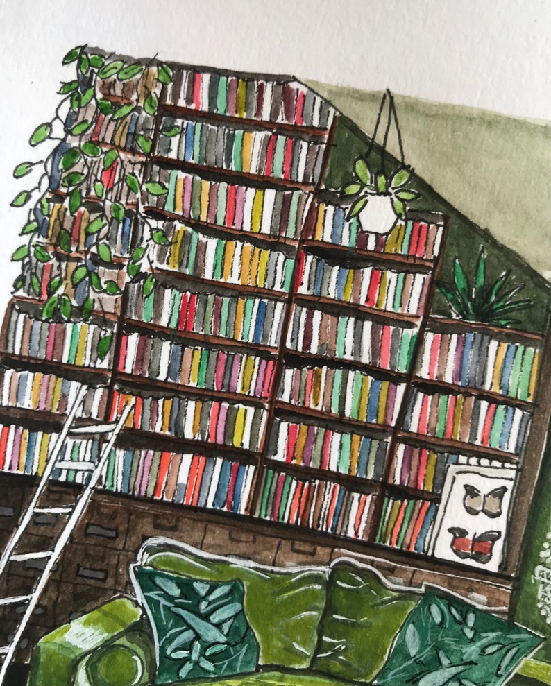 Green Library Watercolor Print – Cozy Reading Nook Art - Etsy