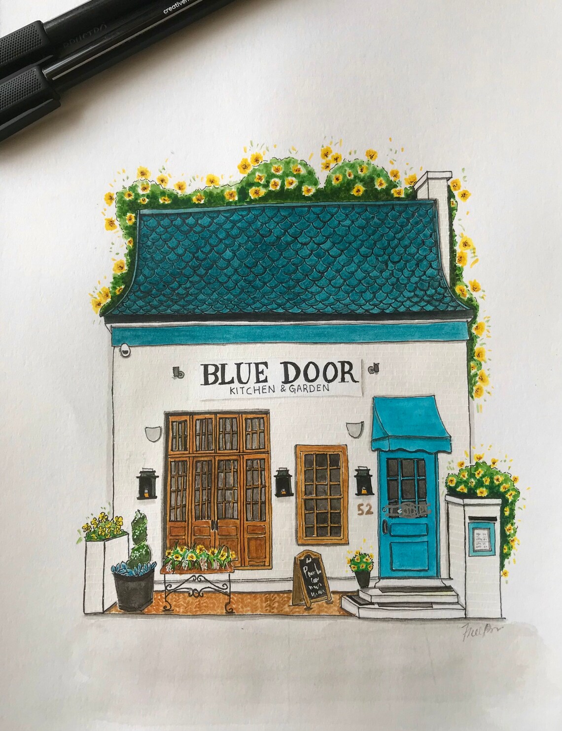 Blue Door Kitchen & Garden – Chicago Restaurant Art Print, Hand-painted ...