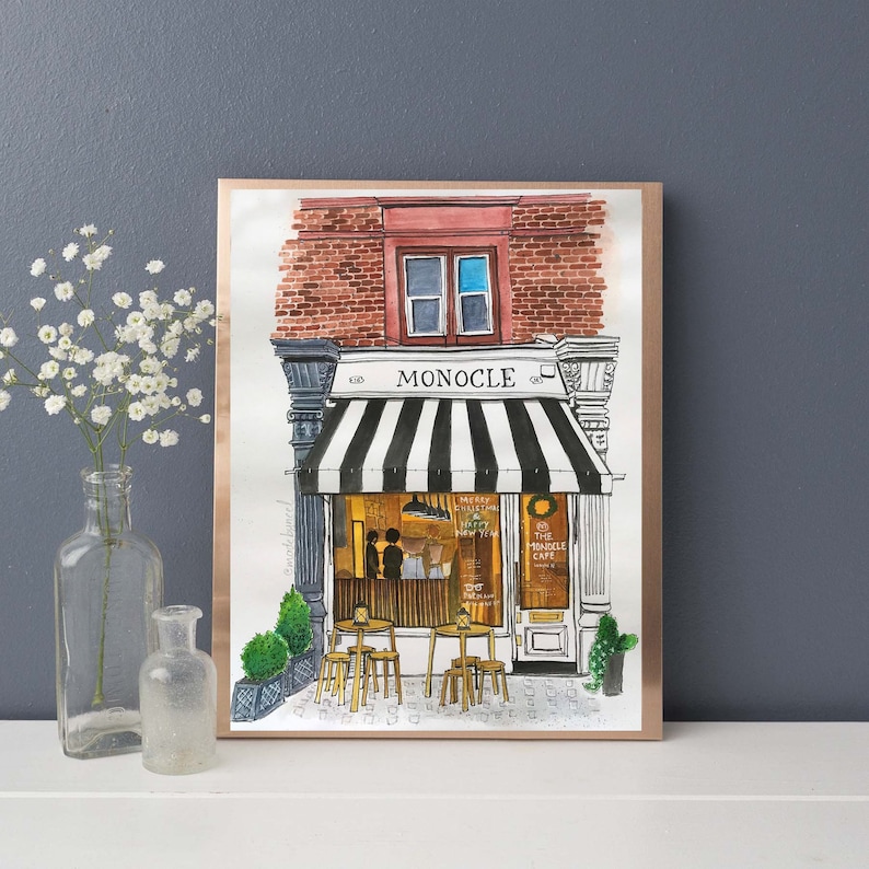 Monocle Café London Watercolor Print – Black & White Awning Art - Etsy
