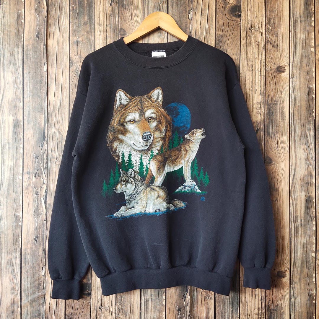 Vintage 90s Distressed Gray Wolf Sweatshirt Wolf Crewneck Wolf Pullover ...