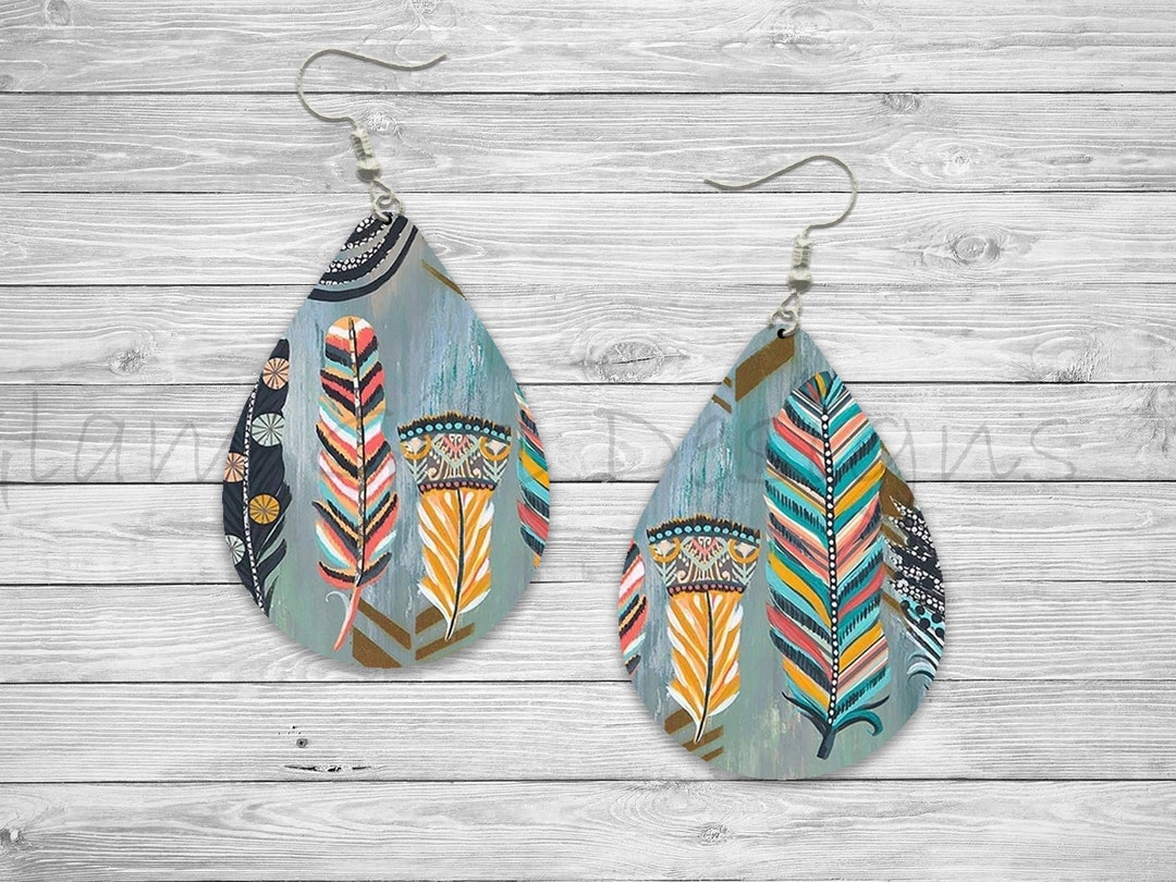 Boho Feathers Bohemian Digital Sublimation Earring Designs Template PNG ...