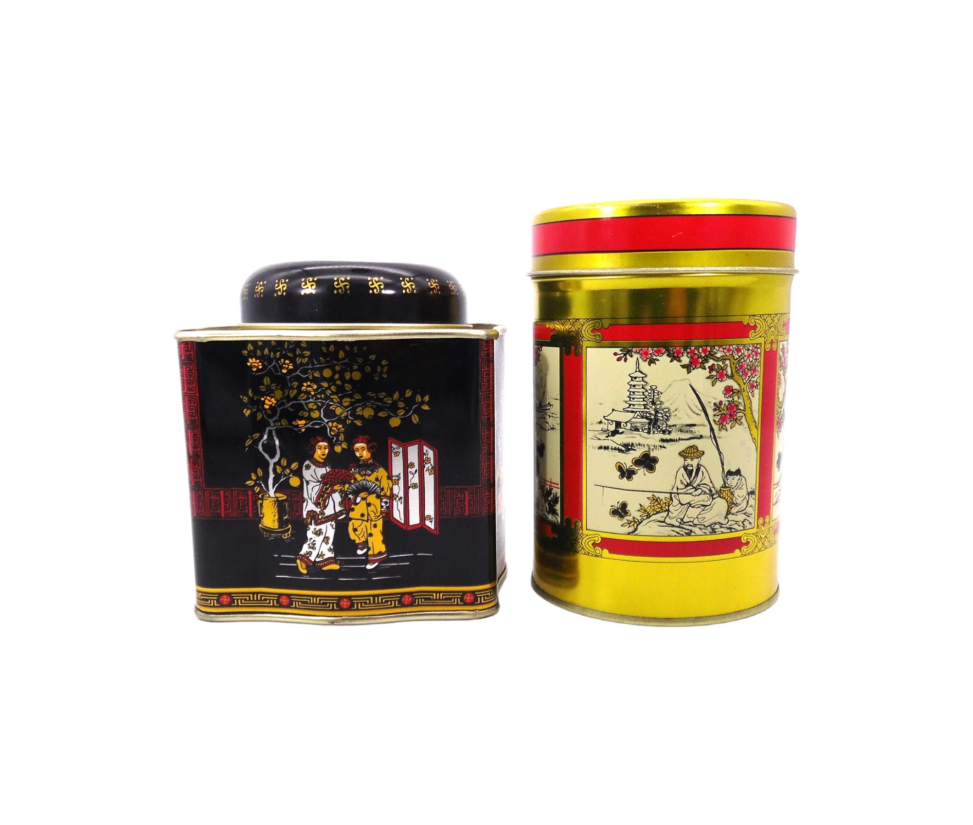 Collectible Metal Asian Oriental Tea Tins Empty Decorative Canisters ...
